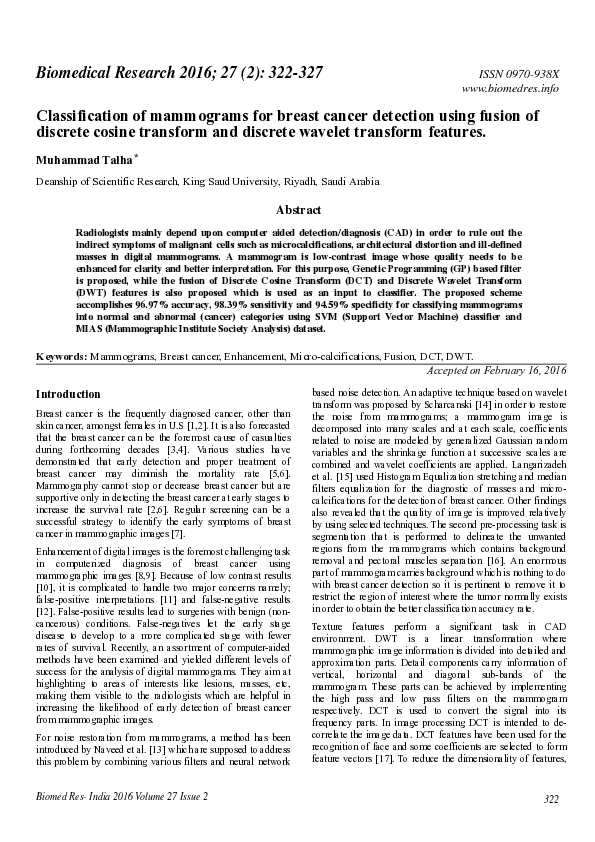 (PDF) Classification of mammograms for breast cancer detection using fusion of discrete cosine ...