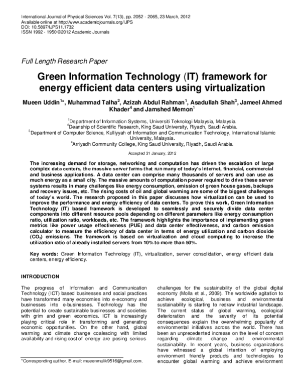 (PDF) Green Information Technology (IT) framework for energy efficient data centers using ...