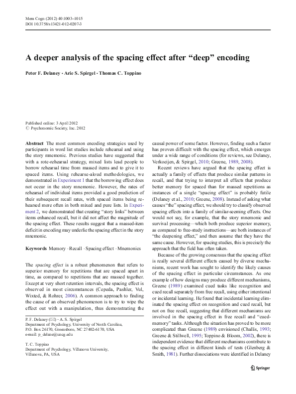(PDF) A deeper analysis of the spacing effect after “deep” encoding