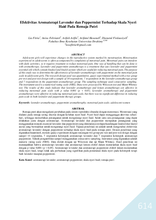 (PDF) Efektivitas Aromaterapi Lavender dan Peppermint Terhadap Skala Nyeri Haid Pada Remaja Putri
