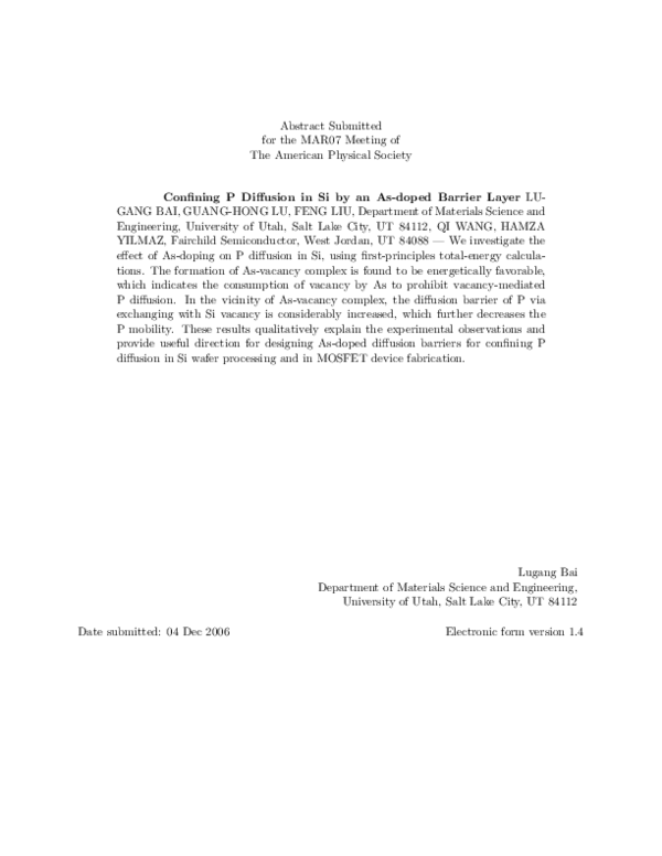 (PDF) Confining P Diffusion in Si by an As-doped Barrier Layer