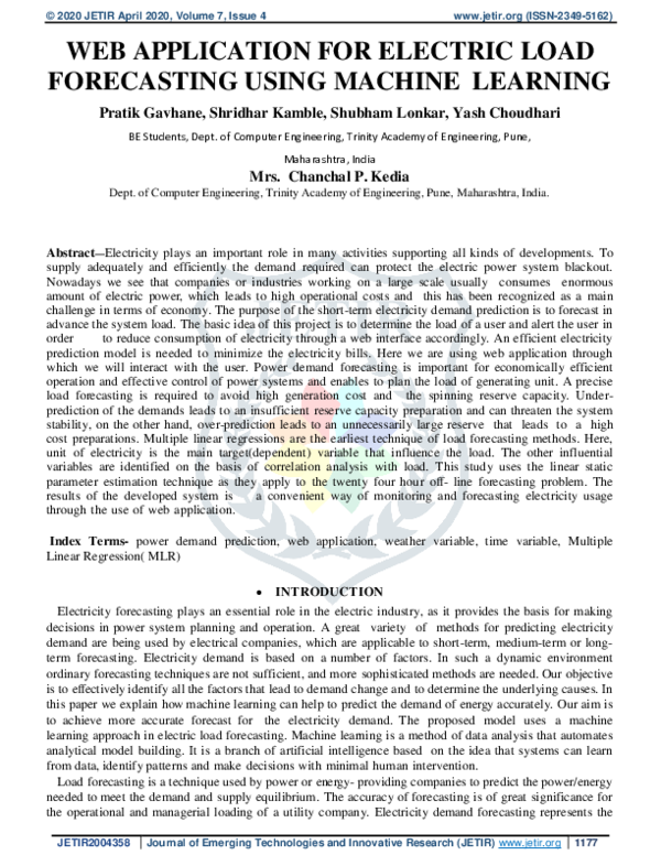 (PDF) Web application for Electric Load Forecasting using Machine Learning