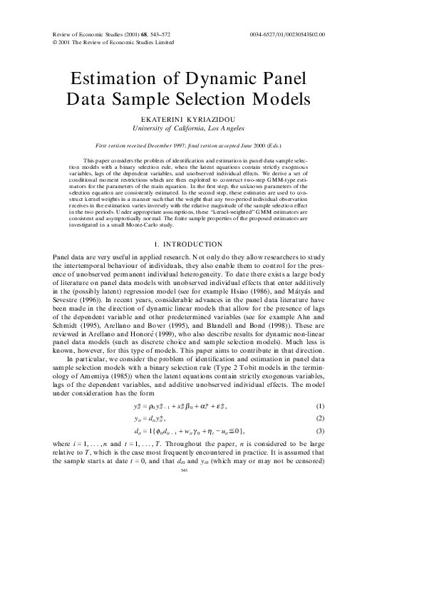 (PDF) Estimation of Dynamic Panel Data Sample Selection Models