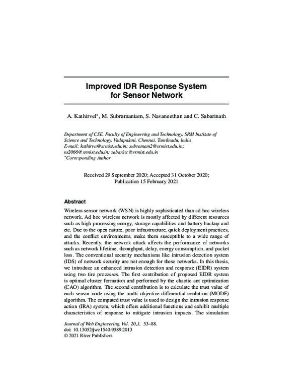 (PDF) Improved IDR Response System for Sensor Network
