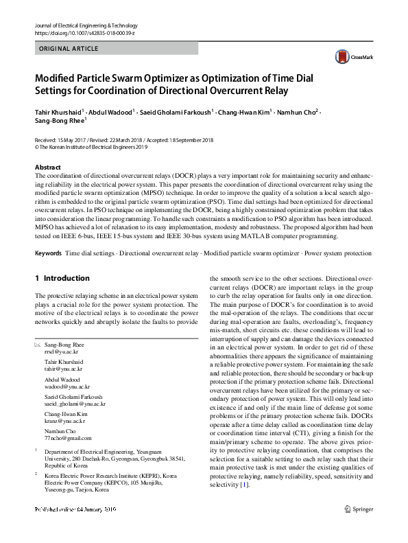 (PDF) Modified Particle Swarm Optimizer as Optimization of Time Dial Settings for Coordination ...
