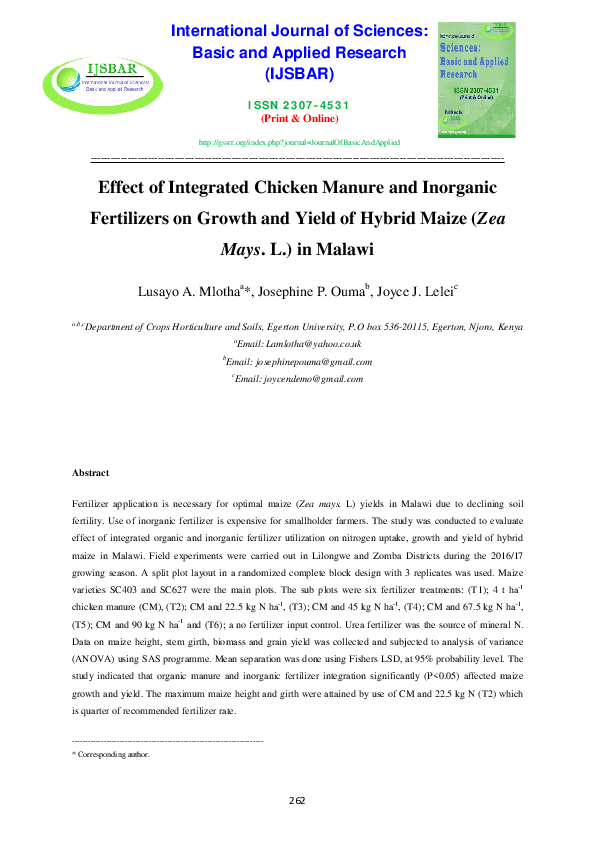 (PDF) Effect of Integrated Chicken Manure and Inorganic Fertilizers on Growth and Yield of ...
