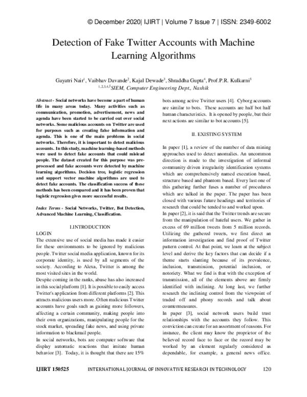 (PDF) Detection of Fake Twitter Accounts with Machine Learning Algorithms