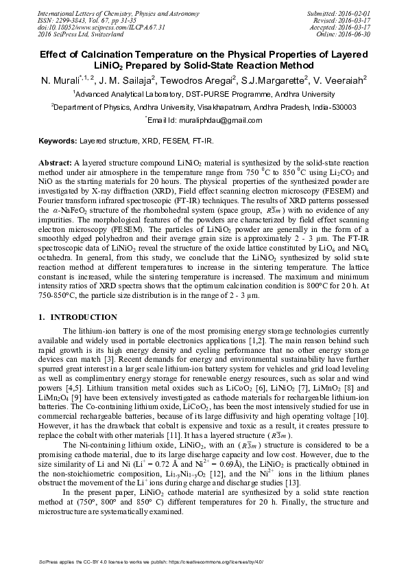 (PDF) Effect of Calcination Temperature on the Physical Properties of Layered LiNiO2 Prepared by ...