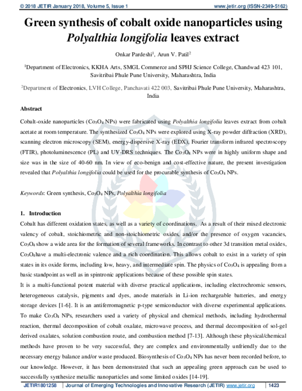 (PDF) Green synthesis of cobalt oxide nanoparticles using Polyalthia longifolia leaves extract ...