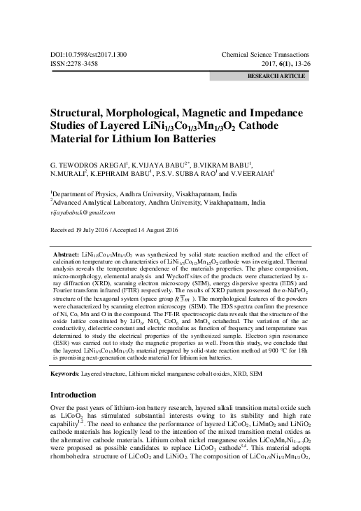 (PDF) Structural, Morphological, Magnetic and Impedance Studies of Layered LiNi1/3Co1/3Mn1/3O2 ...