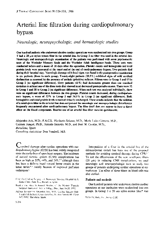 (PDF) Arterial line filtration during cardiopulmonary bypass