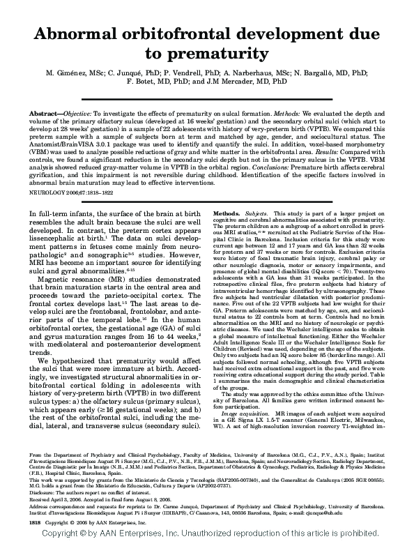 (PDF) Abnormal orbitofrontal development due to prematurity