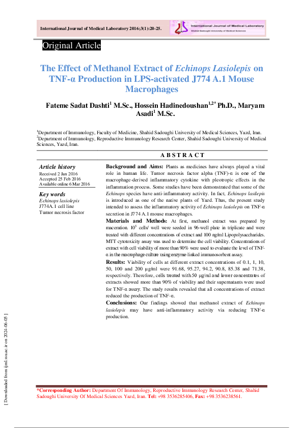 (PDF) The Effect of Methanol Extract of Echinops Lasiolepis on TNF-α Production in LPS-activated ...