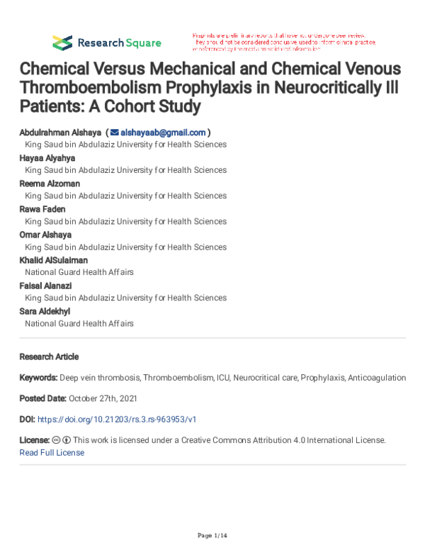 (PDF) Chemical Versus Mechanical and Chemical Venous Thromboembolism ...