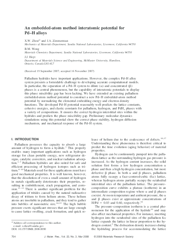 Pdf An Embedded Atom Method Interatomic Potential For Pd H Alloys