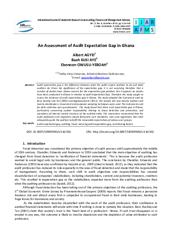 (PDF) An Assessment of Audit Expectation Gap in Ghana