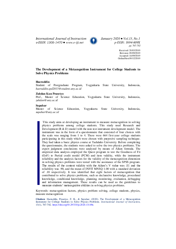 (PDF) The Development of a Metacognition Instrument for College Students to Solve Physics Problems