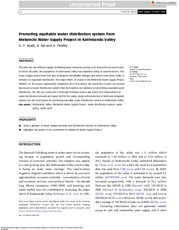 (PDF) Promoting equitable water distribution system from Melamchi Water ...