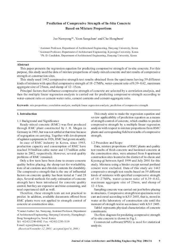 Pdf Prediction Of Compressive Strength Of In Situ Concrete Based On
