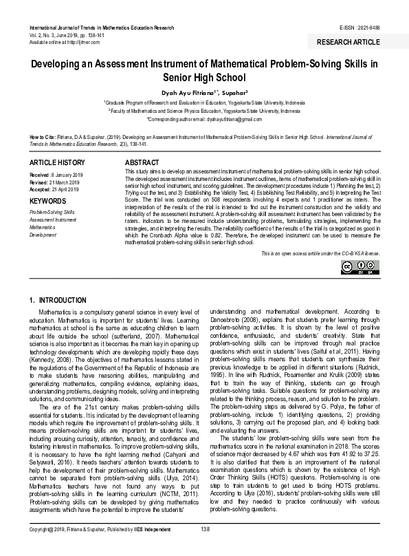 (PDF) Developing an Assessment Instrument of Mathematical Problem ...