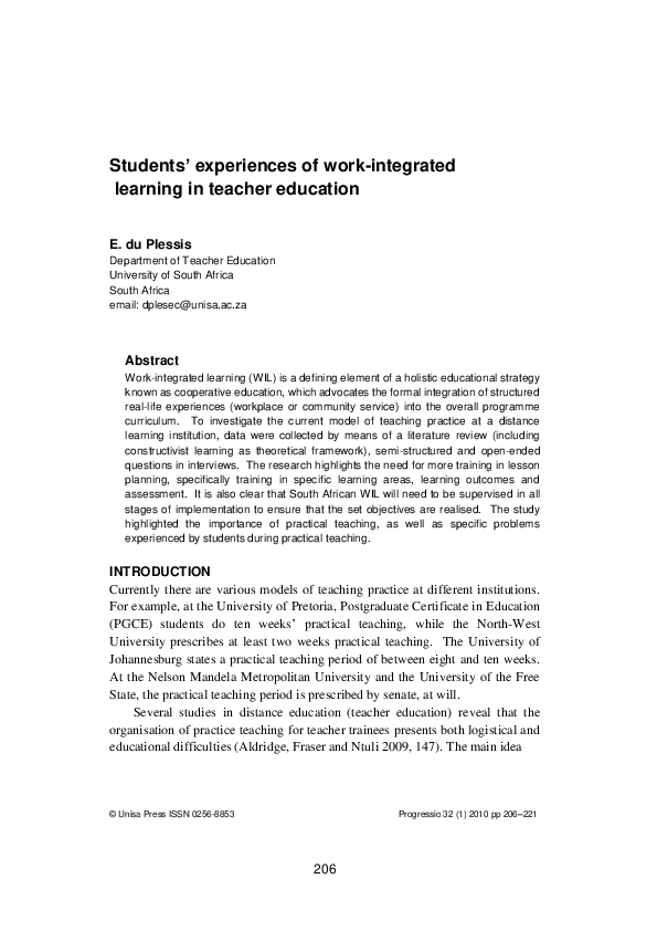 (PDF) Students' experiences of work-integrated learning in teacher education