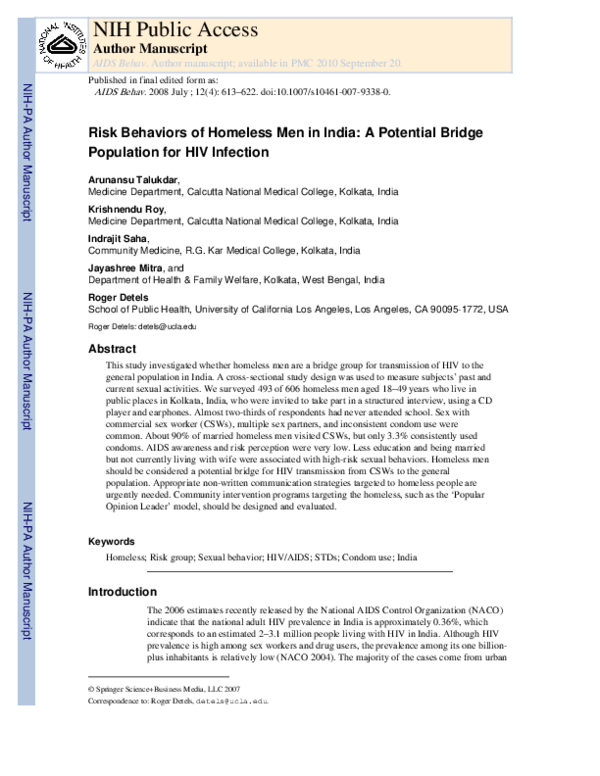 (PDF) Risk Behaviors of Homeless Men in India: A Potential Bridge ...