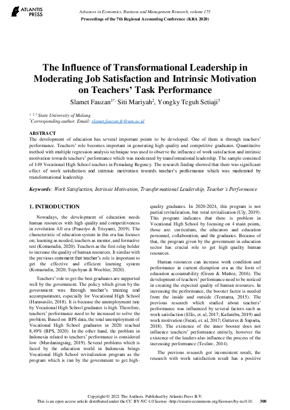 (PDF) The Influence of Transformational Leadership in Moderating Job ...