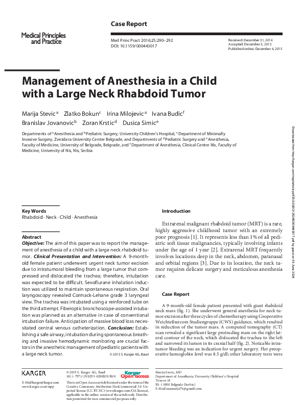 (PDF) Management of Anesthesia in a Child with a Large Neck Rhabdoid Tumor