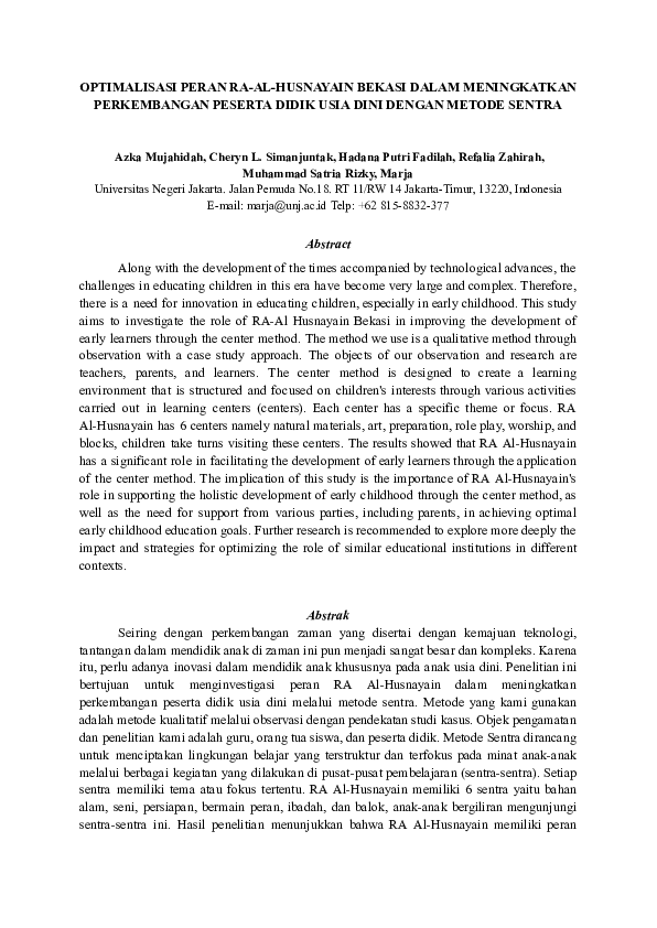 (PDF) OPTIMALISASI PERAN RA-AL-HUSNAYAIN BEKASI DALAM MENINGKATKAN PERKEMBANGAN PESERTA DIDIK ...