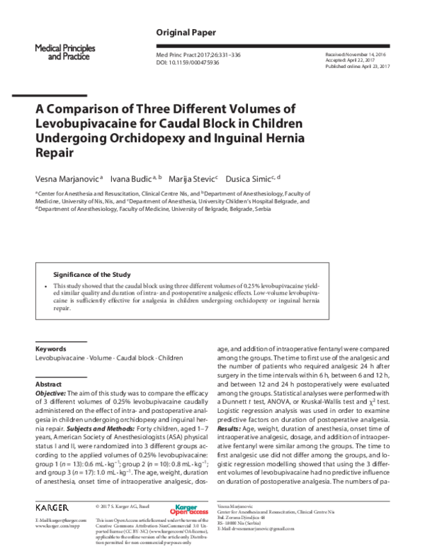 (PDF) A Comparison of Three Different Volumes of Levobupivacaine for Caudal Block in Children ...