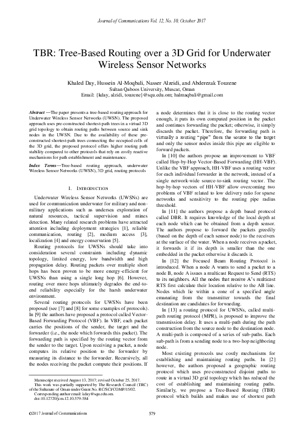 (PDF) TBR: Tree-Based Routing over a 3D Grid for Underwater Wireless Sensor Networks