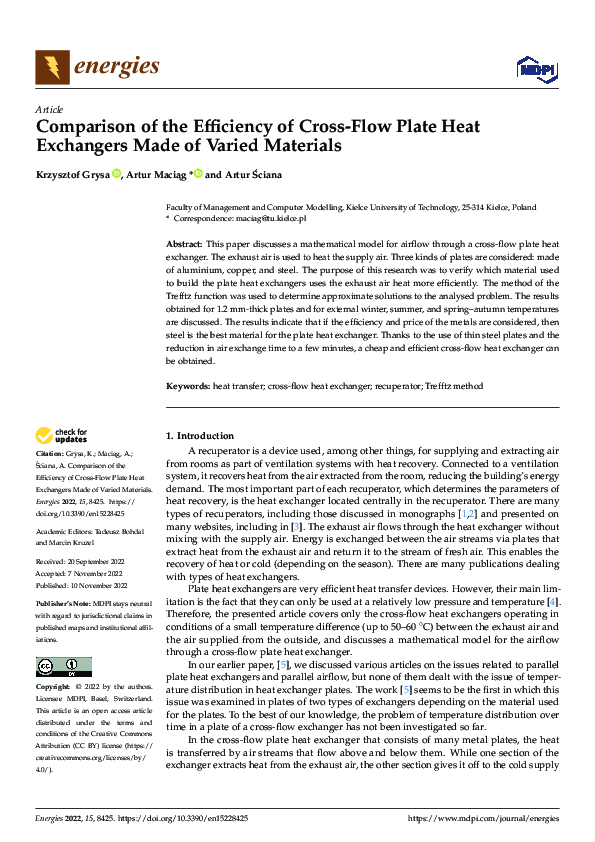 (PDF) Comparison of the Efficiency of Cross-Flow Plate Heat Exchangers ...