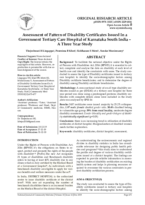 (PDF) Assessment of Pattern of Disability Certificates Issued In A ...