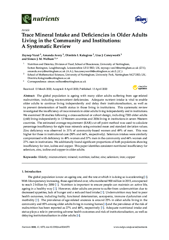 (PDF) Trace Mineral Intake and Deficiencies in Older Adults Living in ...