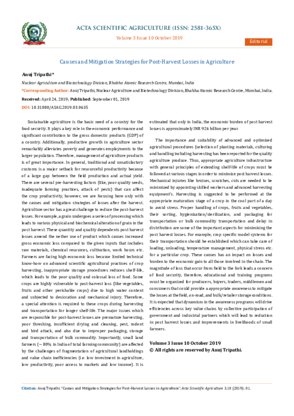(PDF) Causes and Mitigation Strategies for Post-Harvest Losses in Agriculture