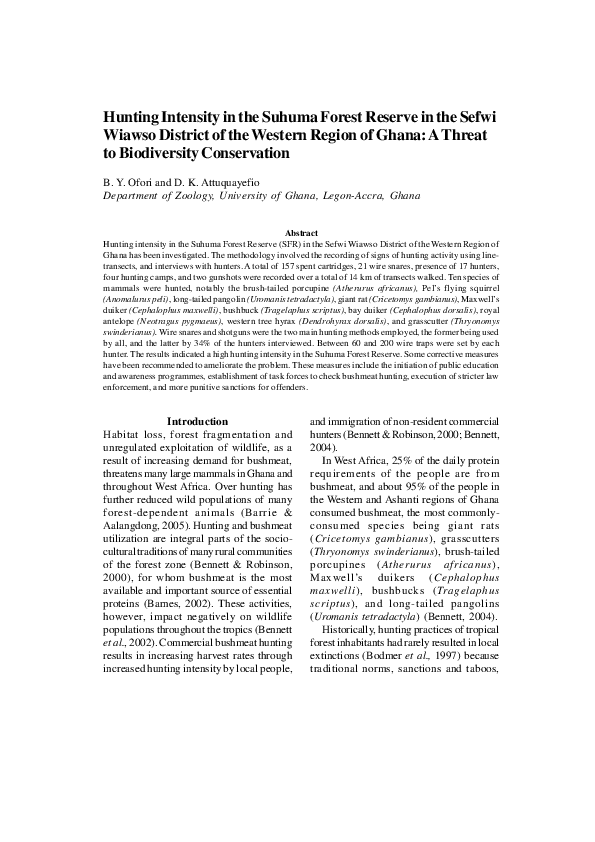 (PDF) Hunting Intensity in the Suhuma Forest Reserve in the Sefwi ...