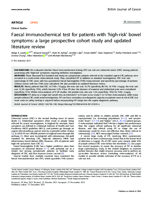 (PDF) Faecal immunochemical test for patients with ‘high-risk’ bowel ...