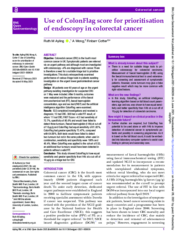 (PDF) Use of ColonFlag score for prioritisation of endoscopy in ...