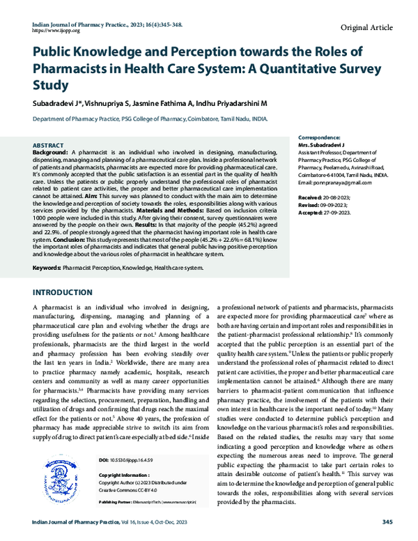 (PDF) Public Knowledge and Perception towards the Roles of Pharmacists in Health Care System: A ...