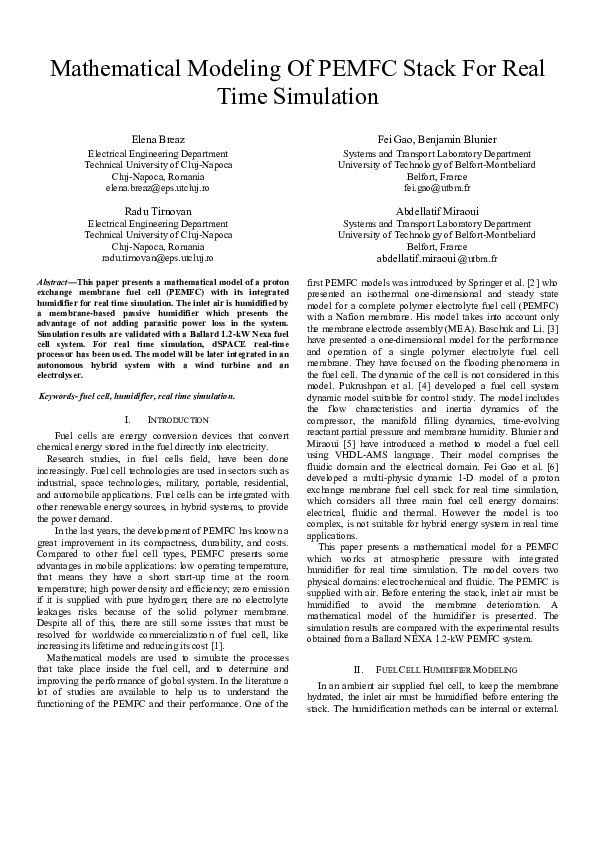 (PDF) Mathematical modeling of PEMFC stack for real time simulation