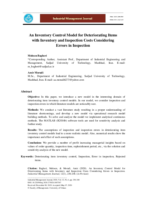 Pdf An Inventory Control Model For Deteriorating Items With Inventory And Inspection Costs