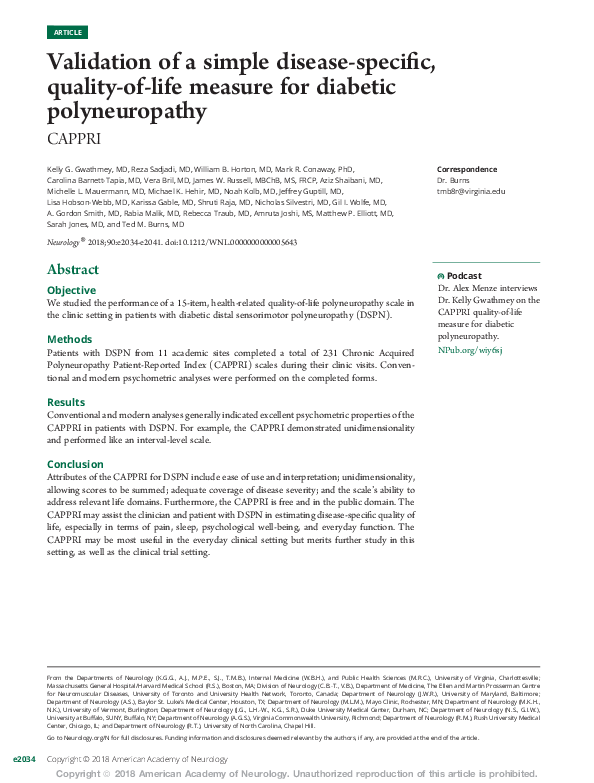 (PDF) Validation of a simple disease-specific, quality-of-life measure for diabetic polyneuropathy