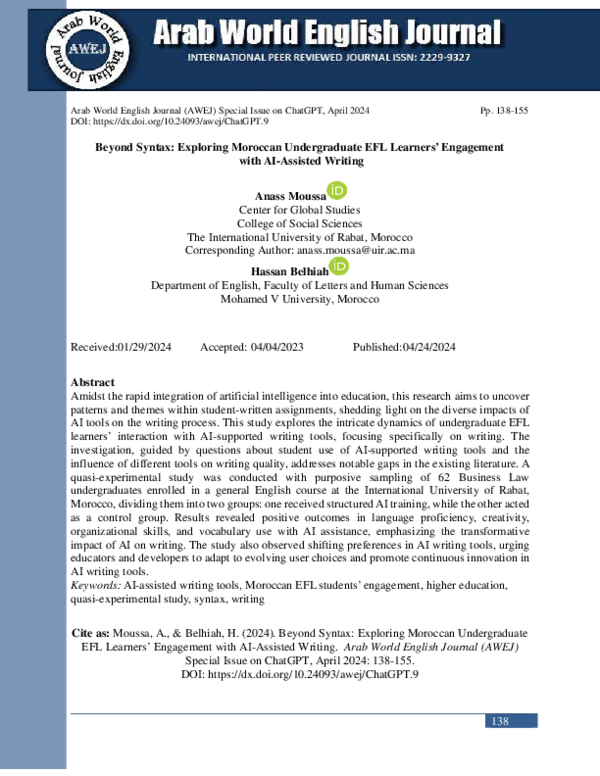 (PDF) Beyond Syntax: Exploring Moroccan Undergraduate EFL Learners' Engagement with AI-Assisted ...