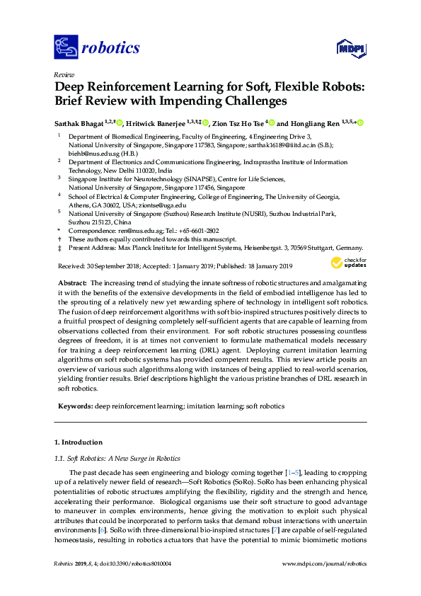 (PDF) Deep Reinforcement Learning for Soft, Flexible Robots: Brief Review with Impending Challenges