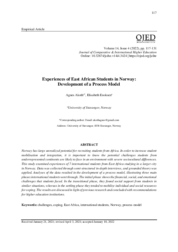 (PDF) Experiences of East African Students in Norway: Development of a ...