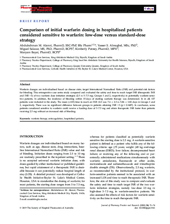 Pdf Comparison Of Initial Warfarin Dosing In Hospitalised Patients Considered Sensitive To