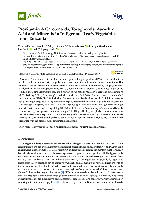 (PDF) Provitamin A Carotenoids, Tocopherols, Ascorbic Acid and Minerals in Indigenous Leafy ...