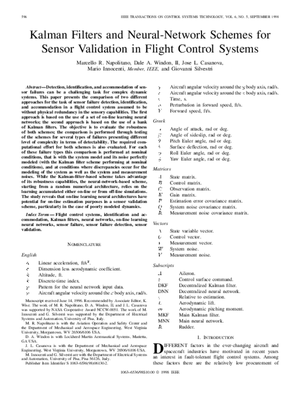 Pdf Kalman Filters And Neural Network Schemes For Sensor Validation In Flight Control Systems