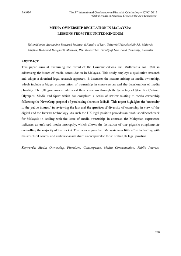 (PDF) Media Ownership Regulation in Malaysia: Lessons from the United ...