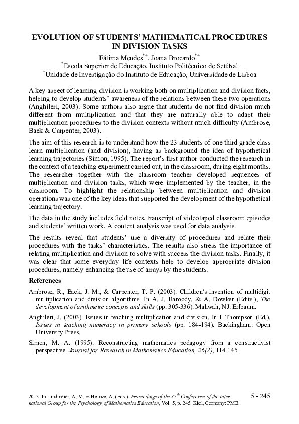 (PDF) Evolution of students' mathematical procedures to solve division ...